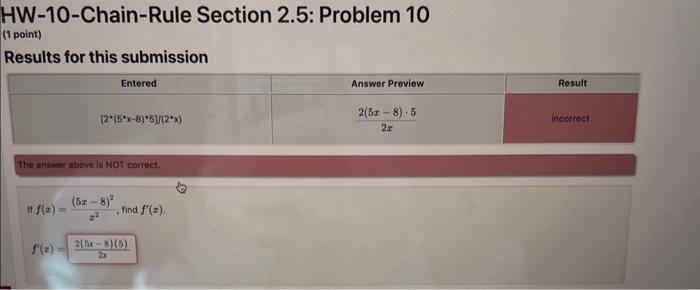 Solved HW-10-Chain-Rule Section 2.5: Problem 10 (1 point) | Chegg.com