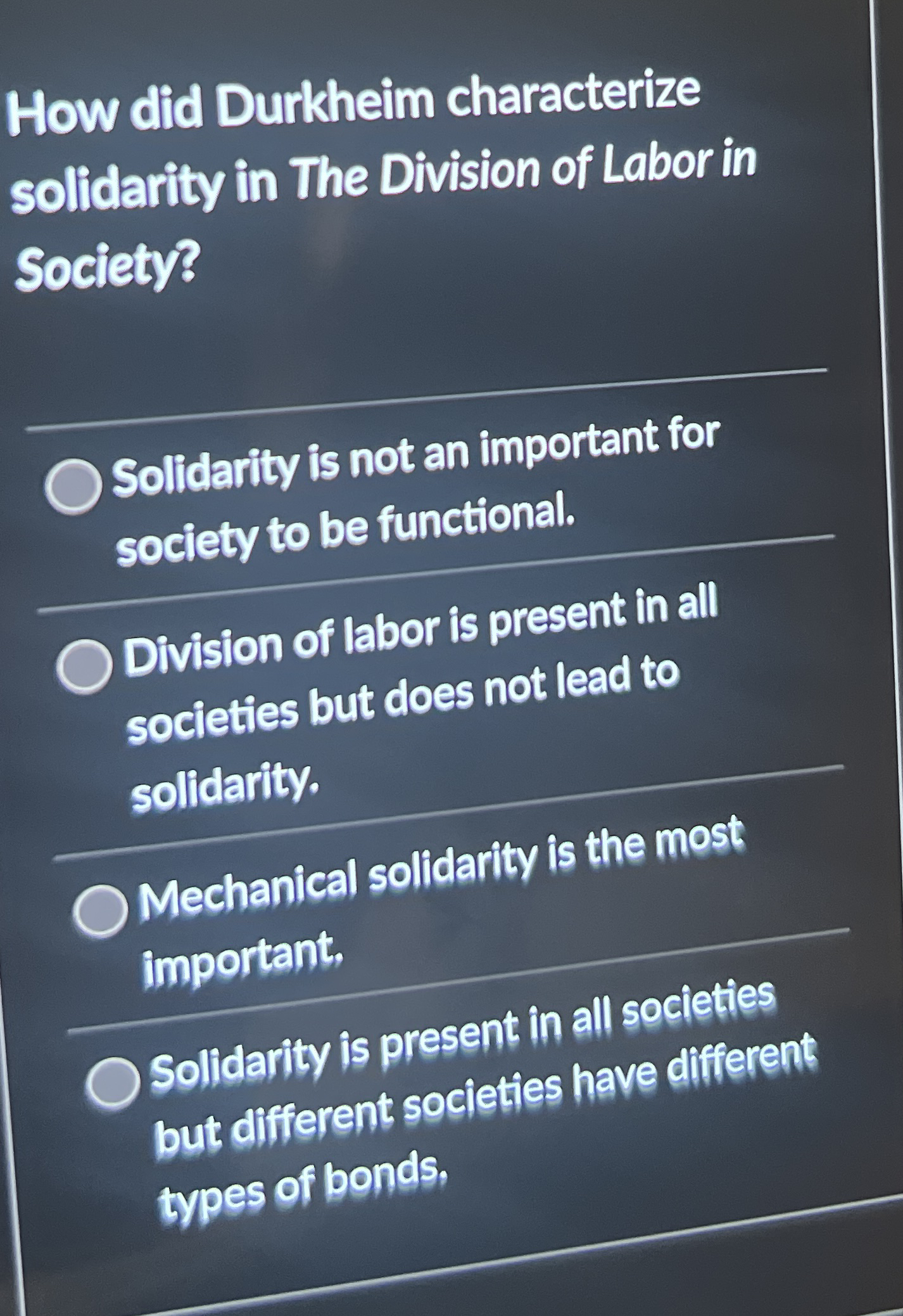 Solved How did Durkheim characterize solidarity in The | Chegg.com