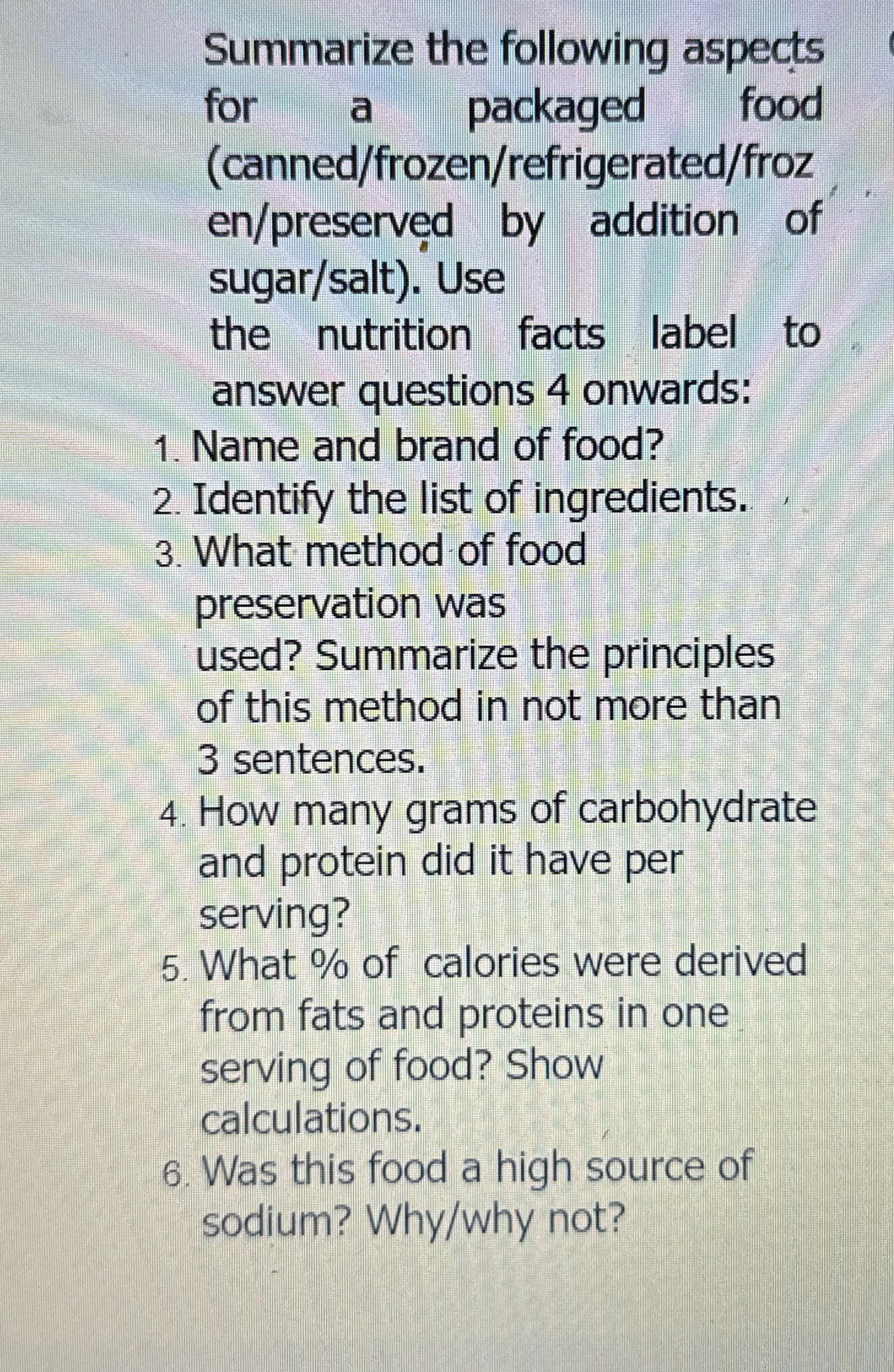 Solved Summarize the following aspects for a packaged food | Chegg.com