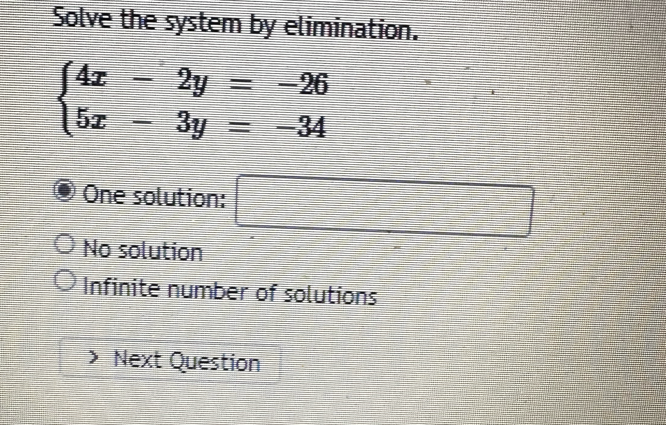 Solved Solve the system by elimination.4x-2y=-205x-3y=-34One | Chegg.com
