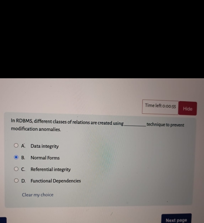 Solved Time left 0:00:55In RDBMS, ﻿different classes of | Chegg.com