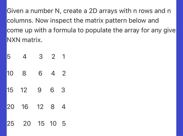 Solved Given a number N, create a 2D arrays with n rows and | Chegg.com