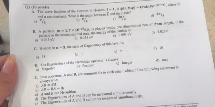 Solved (10 points) A. The wave function of the electron in | Chegg.com