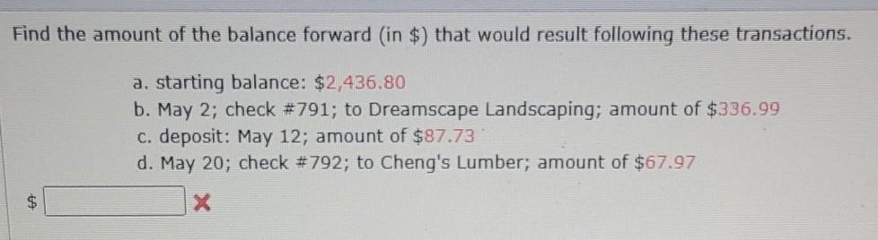 Solved Find the amount of the balance forward (in $) that | Chegg.com