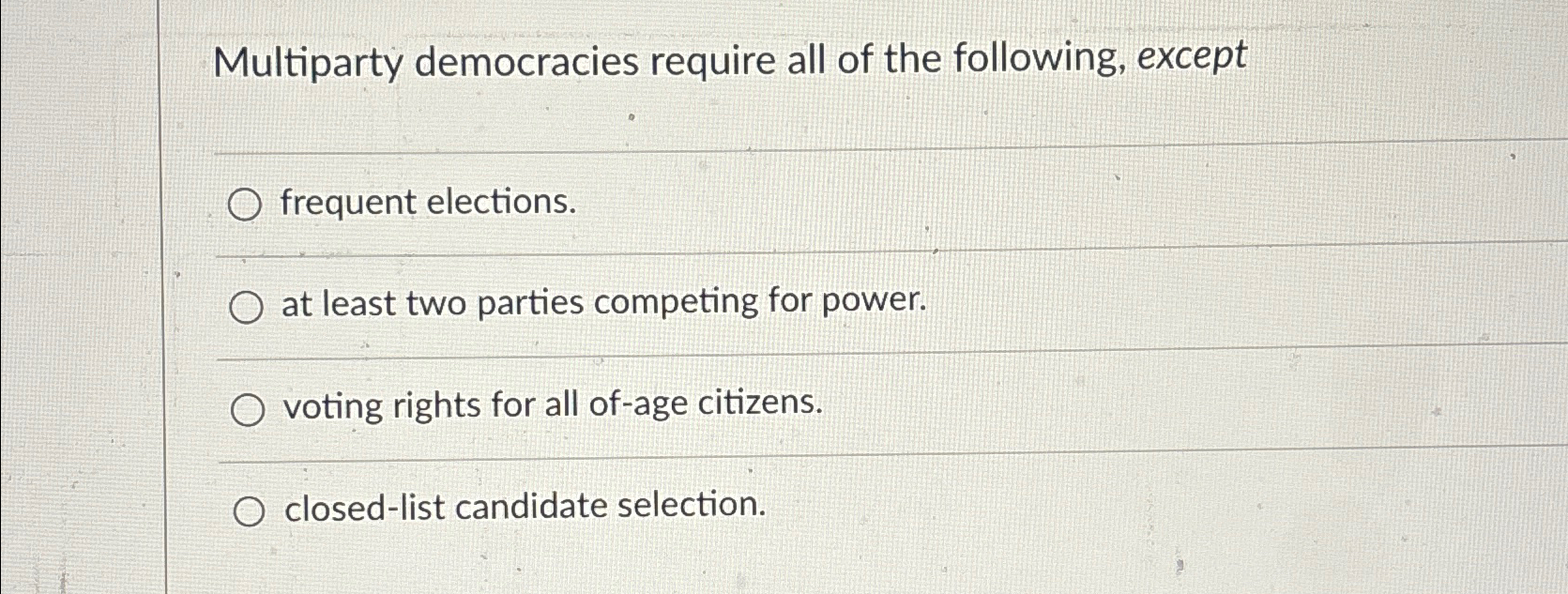 Solved Multiparty democracies require all of the following, | Chegg.com