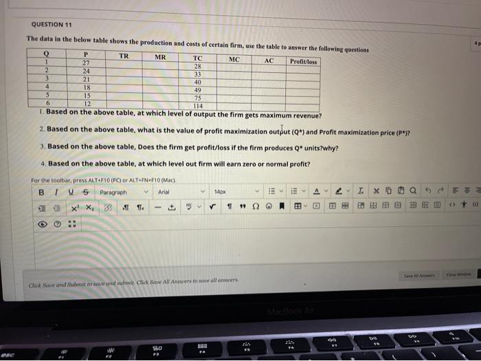 Solved QUESTION 11 P TR MR MC AC 2 The data in the below | Chegg.com