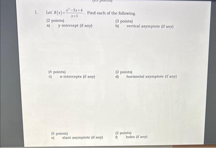 Solved 1. Let R(x)=x+1x2−5x+4. Find each of the following. ( | Chegg.com Solved 1. Let R(x)=x+1x2−5x+4. Find each of the following. ( | Chegg.com