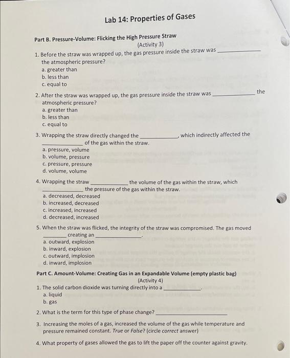 Solved Lab 14: Properties of Gases Name: Section: IV. Prelab | Chegg.com