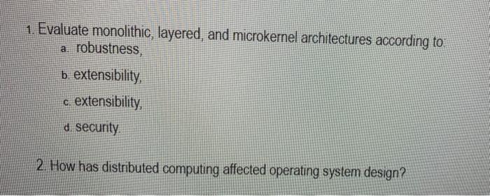 Solved 1. Evaluate monolithic, layered, and microkemel | Chegg.com
