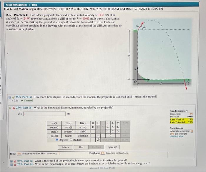 Solved (8\%) Problem 4: Consider a projectile launched with | Chegg.com