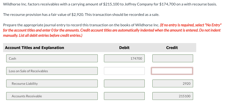 Solved Wildhorse Inc. factors receivables with a carrying | Chegg.com