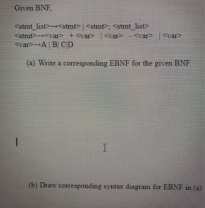 Solved Given BNF, | ; – + var> | Chegg.com
