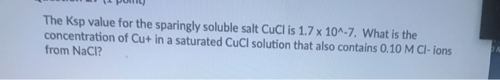 Solved The Ksp value for the sparingly soluble salt CuCl is | Chegg.com