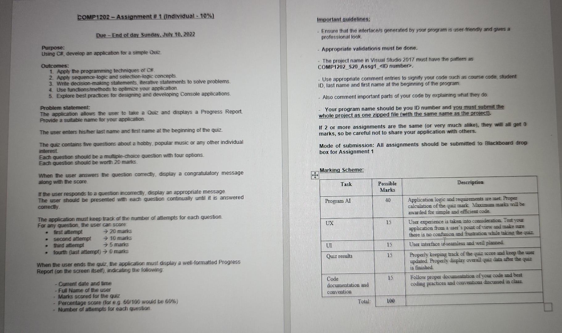 Solved COMP1202-Assignment # 1 (Individual - 10%) Due-End of | Chegg.com