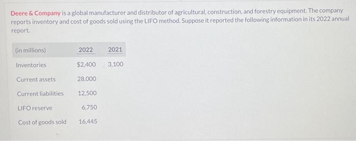 Solved Deere \& Company is a global manufacturer and | Chegg.com