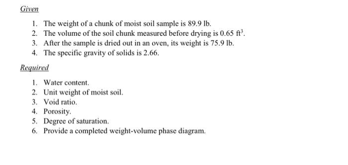 Solved Given 1. The weight of a chunk of moist soil sample | Chegg.com