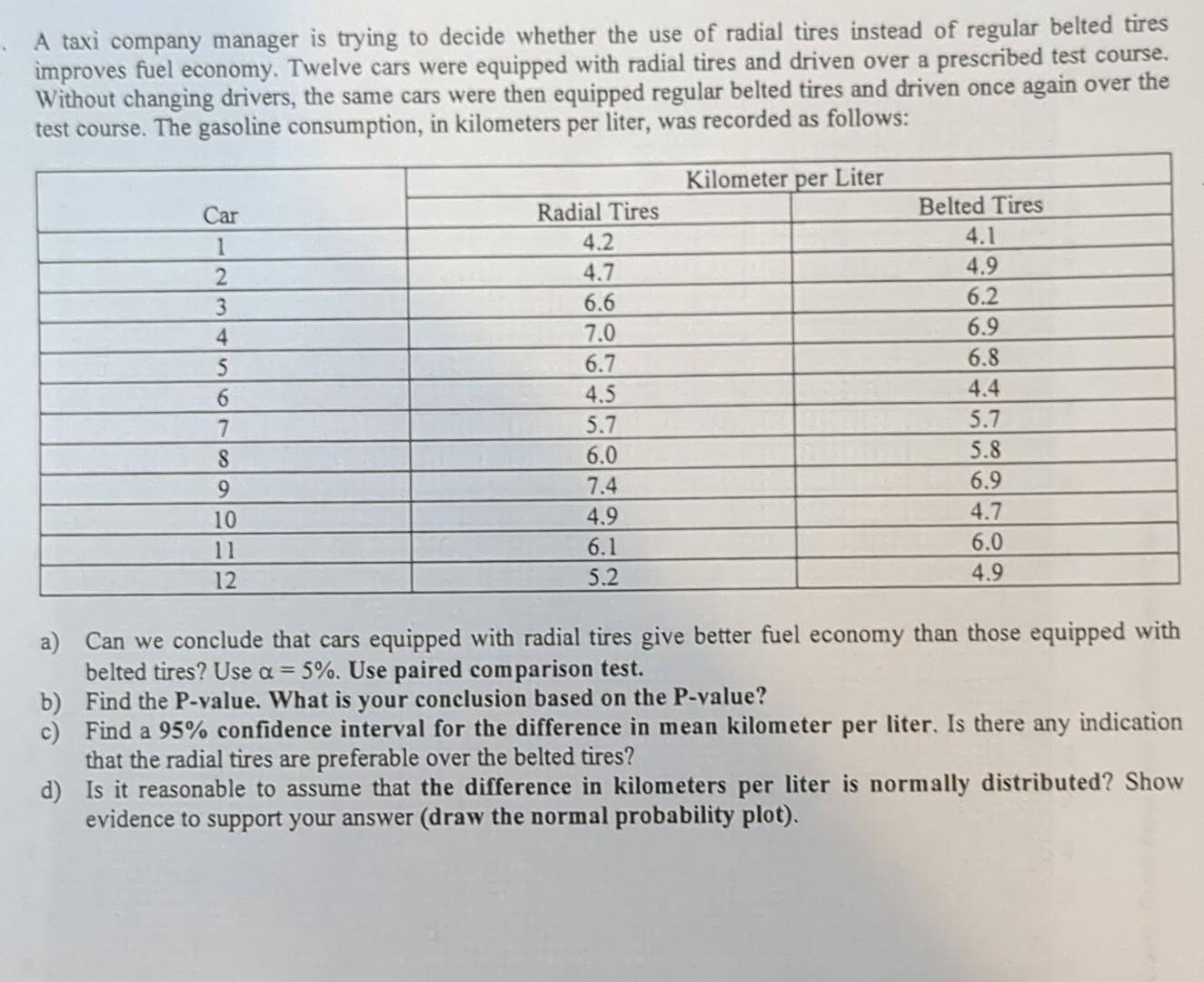Solved A taxi company manager is trying to decide whether | Chegg.com