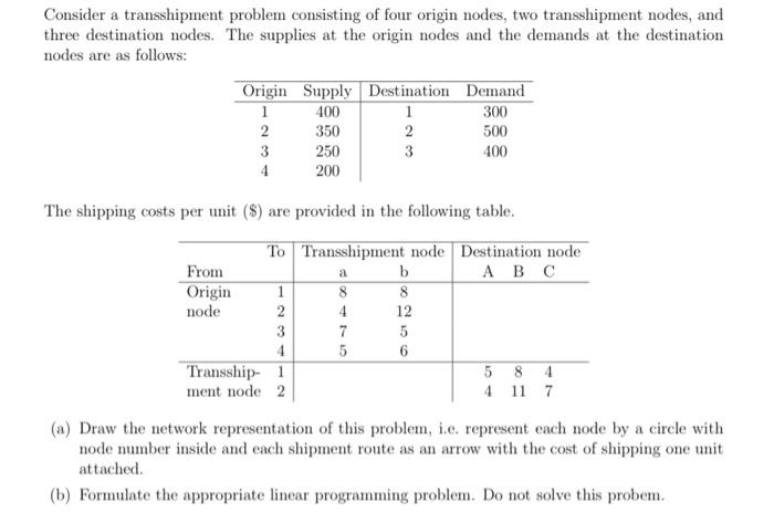 Solved Consider a transshipment problem consisting of four | Chegg.com