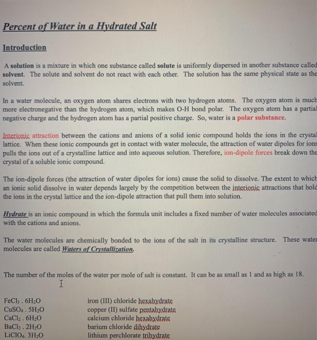 Solved Percent of Water in a Hydrated Salt Introduction A | Chegg.com