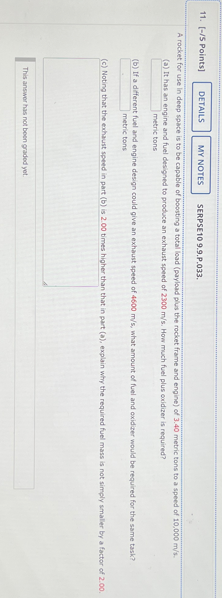 Solved [-/5 ﻿Points]SERPSE10 9.9.P.033.A rocket for use in | Chegg.com