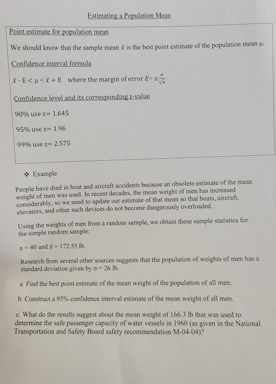 Solved Estimating a Population Mean Point estimate for | Chegg.com