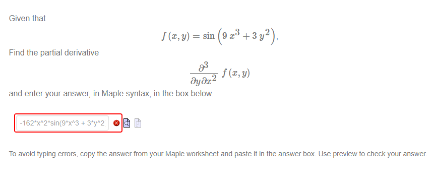 Solved Given thatf(x,y)=sin(9x3+3y2)Find the partial | Chegg.com