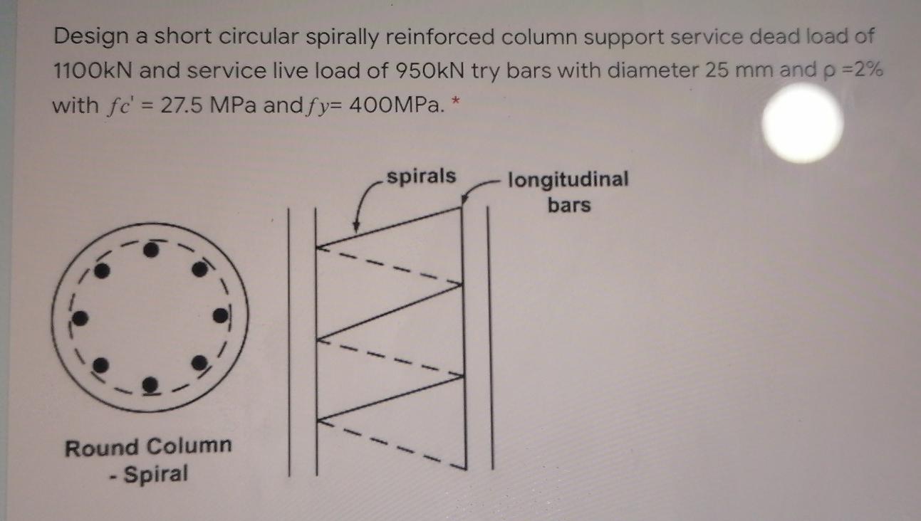 Solved Design a short circular spirally reinforced column | Chegg.com