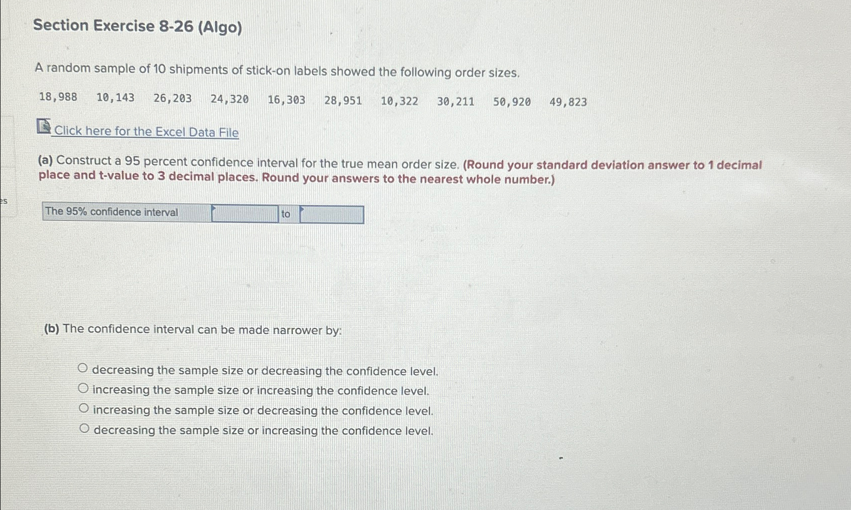 Solved Section Exercise 8-26 (Algo)A random sample of 10 | Chegg.com