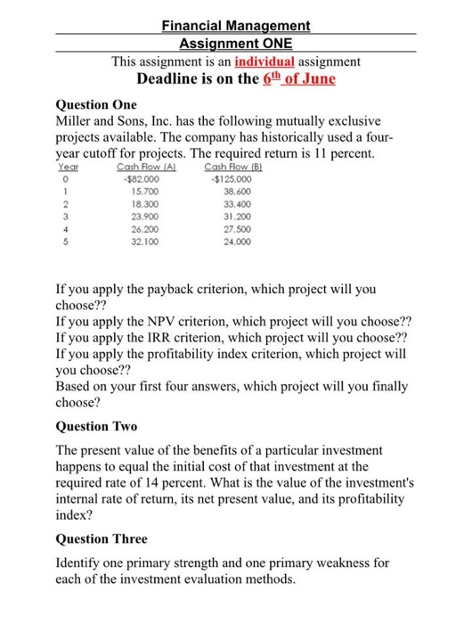 Solved Financial Management Assignment ONE This assignment | Chegg.com