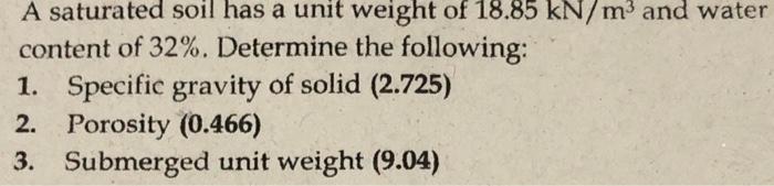 Solved A saturated soil has a unit weight of 18.85kN/m3 and | Chegg.com