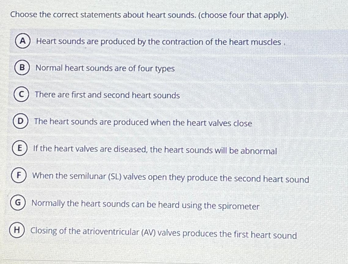 Solved Choose The Correct Statements About Heart Sounds 6169