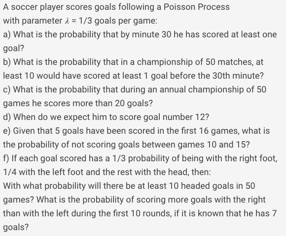 Solved A soccer player scores goals following a Poisson | Chegg.com