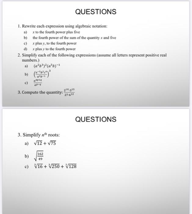 Solved QUESTIONS 1. Rewrite each expression using algebraic | Chegg.com
