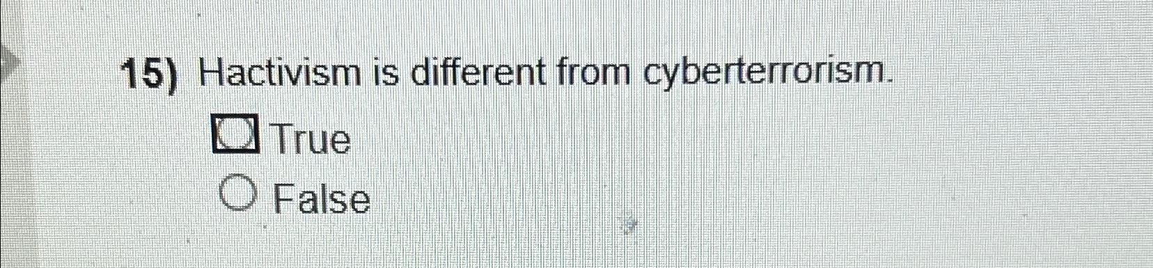 Solved Hactivism is different from cyberterrorism.TrueFalse | Chegg.com