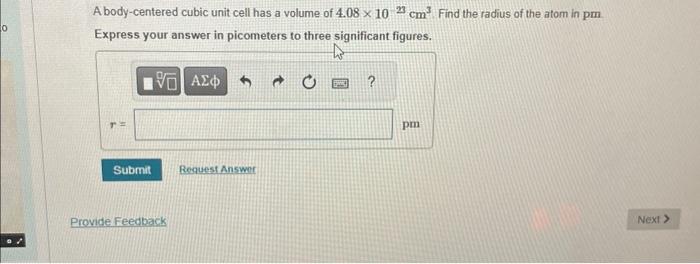 Solved A body-centered cubic cell has a volume of | Chegg.com