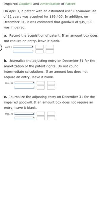 Solved Impaired Goodwill and Amortization of Patent On April | Chegg.com