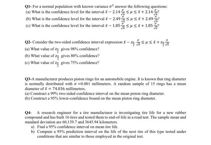 Solved Q1- For a normal population with known variance σ2 | Chegg.com