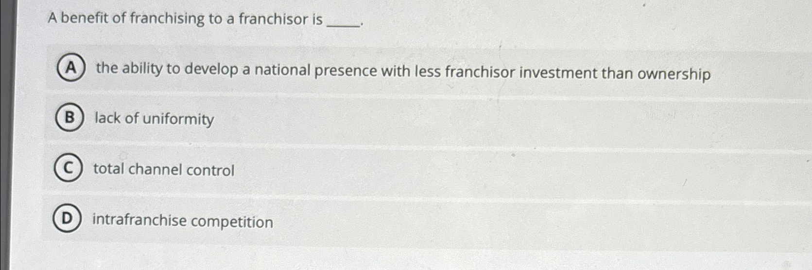 Solved A benefit of franchising to a franchisor isthe | Chegg.com