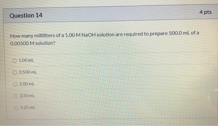 Solved 4 pts Question 14 How many milliliters of a 1.00 M | Chegg.com