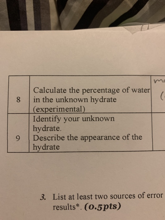Solved ( 8 Calculate the percentage of water in the unknown | Chegg.com