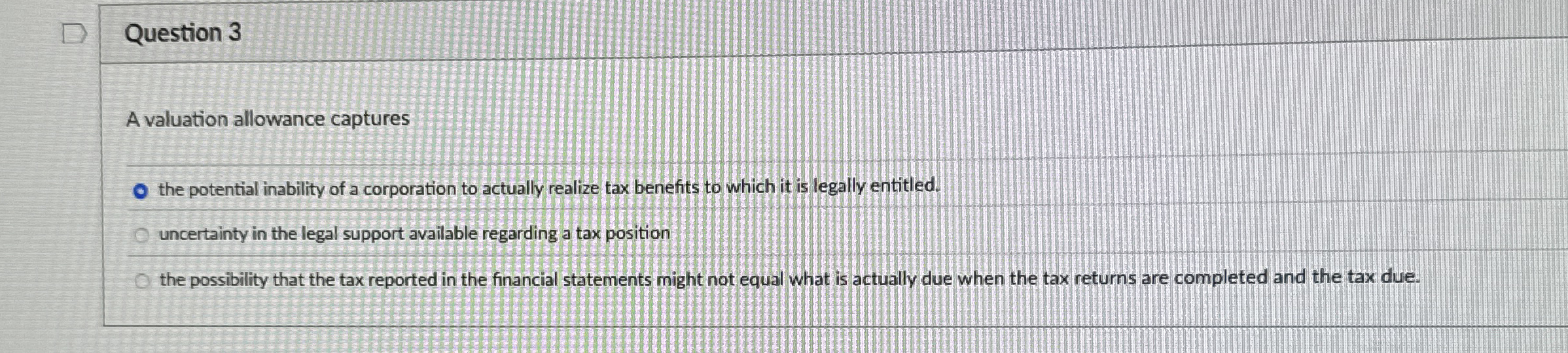 Question 3A valuation allowance capturesthe potential | Chegg.com