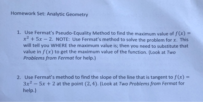 Solved Homework Set: Analytic Geometry 1. Use Fermat's | Chegg.com
