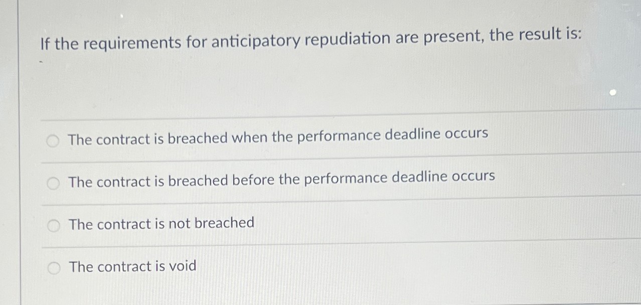 Solved If the requirements for anticipatory repudiation are | Chegg.com