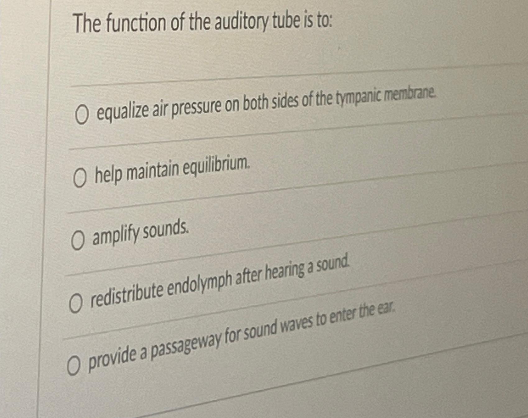 The function of the auditory tube is to:equalize air | Chegg.com