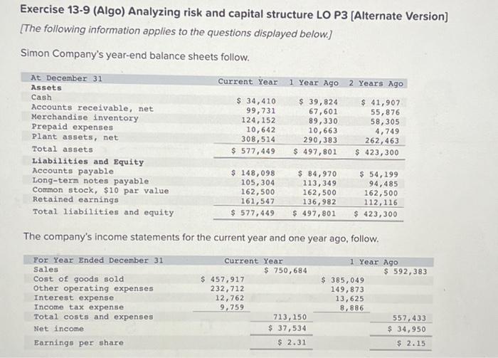 Solved Exercise 13-9 (Algo) Analyzing risk and capital | Chegg.com