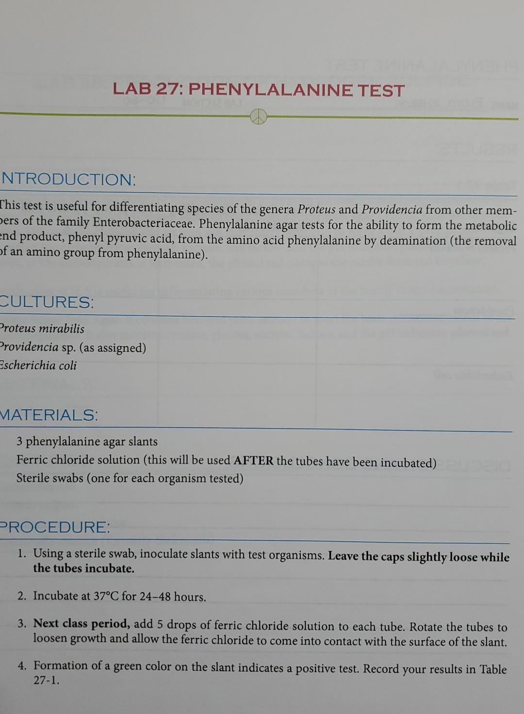 Solved LAB 27: PHENYLALANINE TEST NTRODUCTION: This test is | Chegg.com
