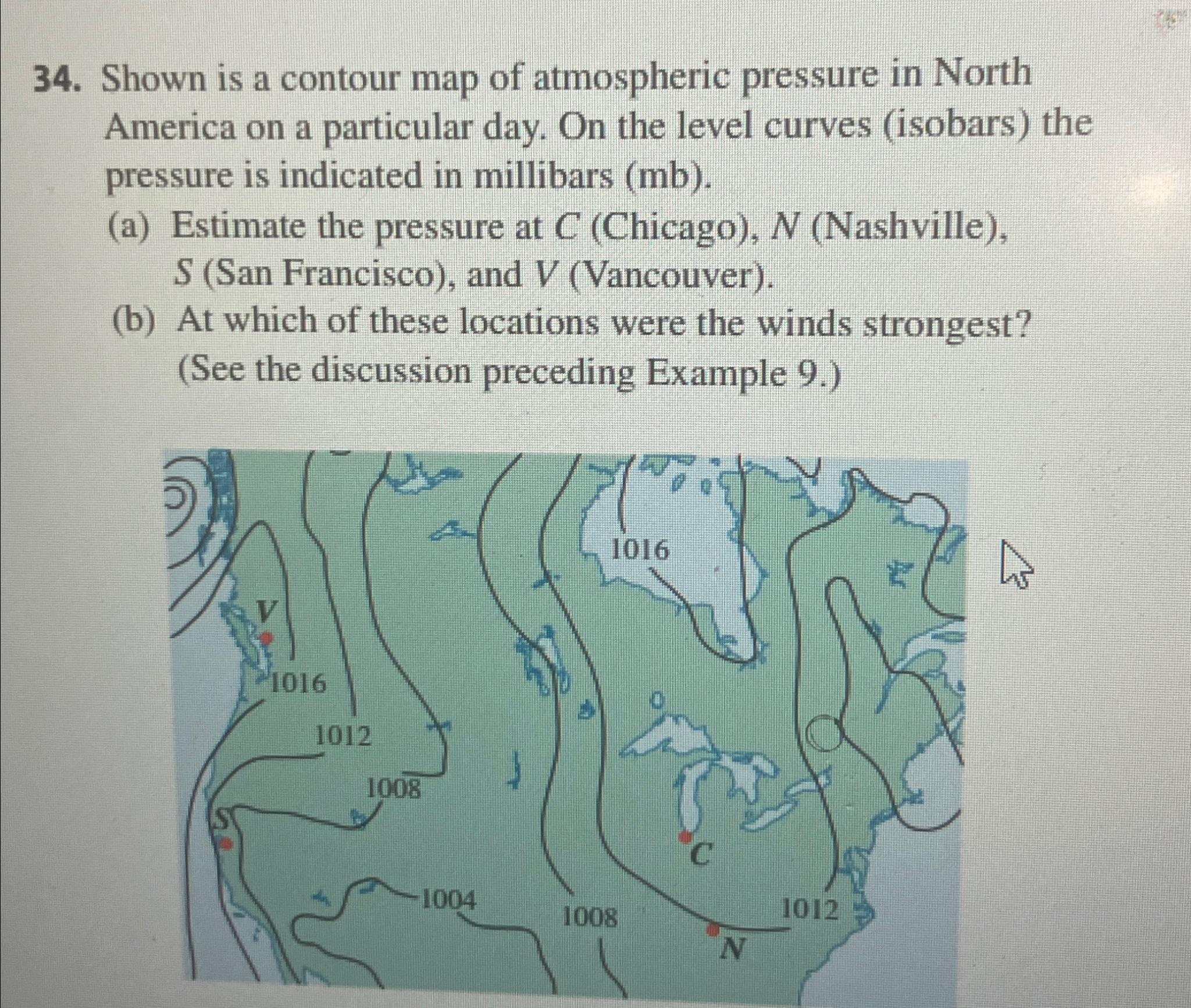 Solved Shown is a contour map of atmospheric pressure in | Chegg.com