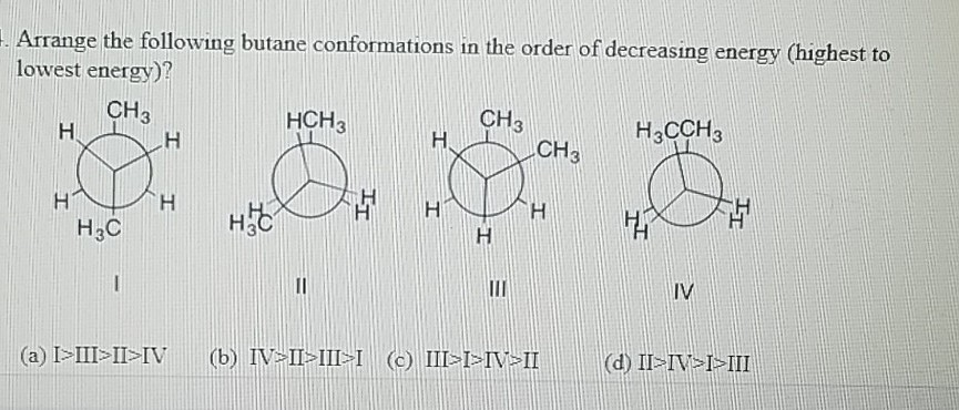 Solved Arrange the following butane conformations in the | Chegg.com