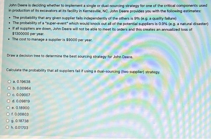 Solved John Deere is deciding whether to implement a single | Chegg.com