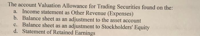 Solved The account Valuation Allowance for Trading | Chegg.com